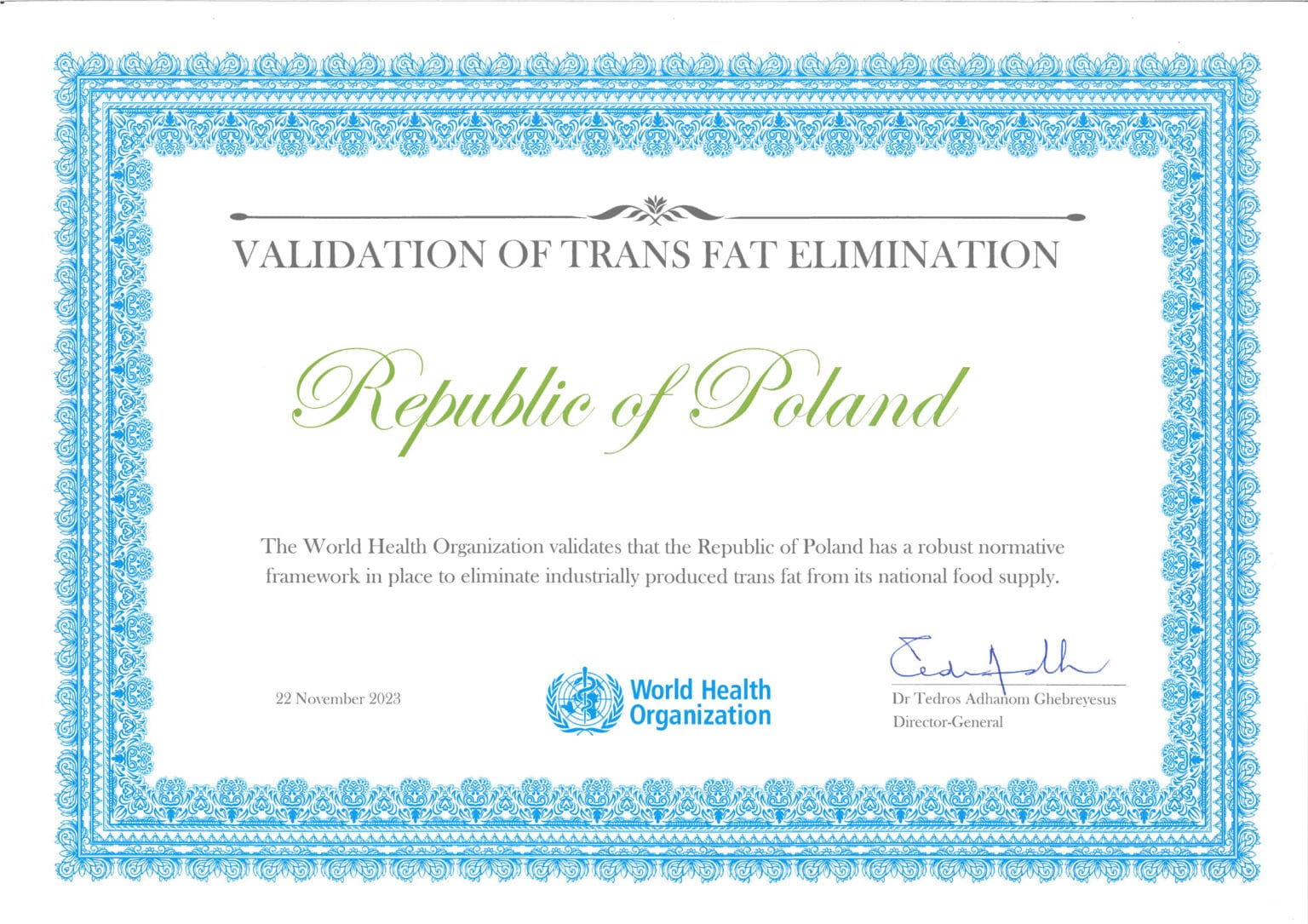 Certyfikat WHO dla Polski w programie walidacji tłuszczów trans w ...